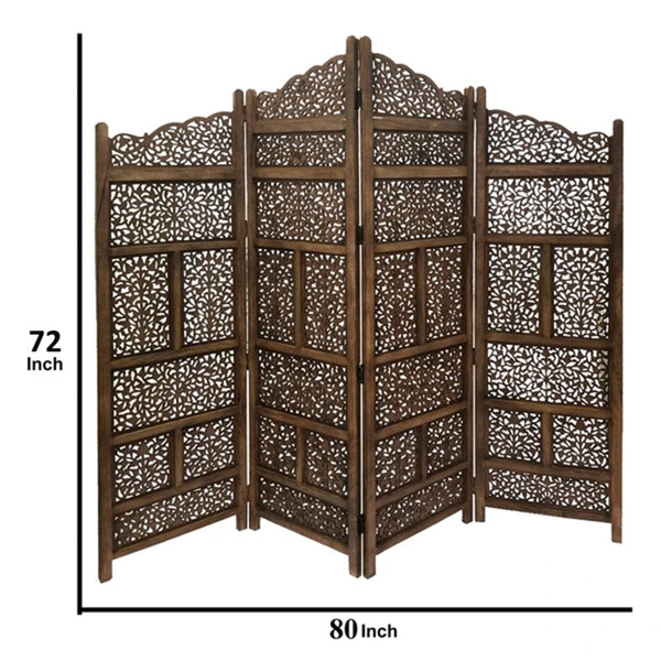 Buy Hand Carved Foldable Four Panel Wooden Partition, Brown – Casagear