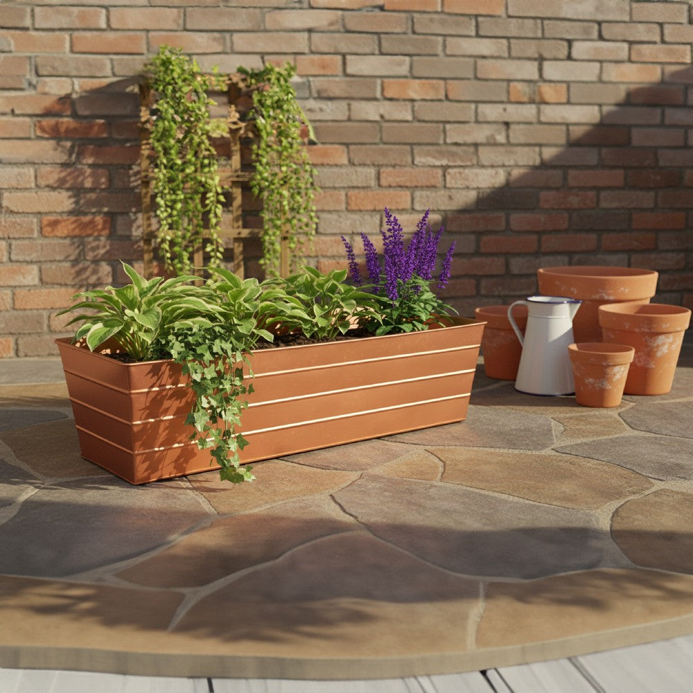 Benjara Rectangular Metal Flower Planter Box with Embossed Line Design ...
