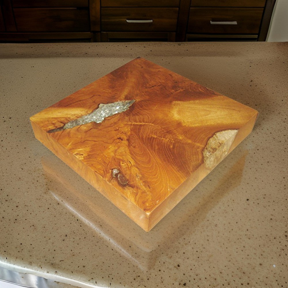 Buy 11 Inch Tabletop Platform, Resin Details, Square, Brown Teak Wood