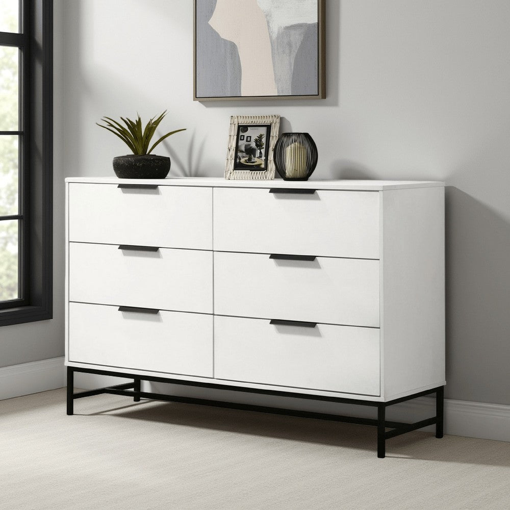 Buy Noro Wide Dresser, 6 Storage Drawers, Modern White, Black Metal ...