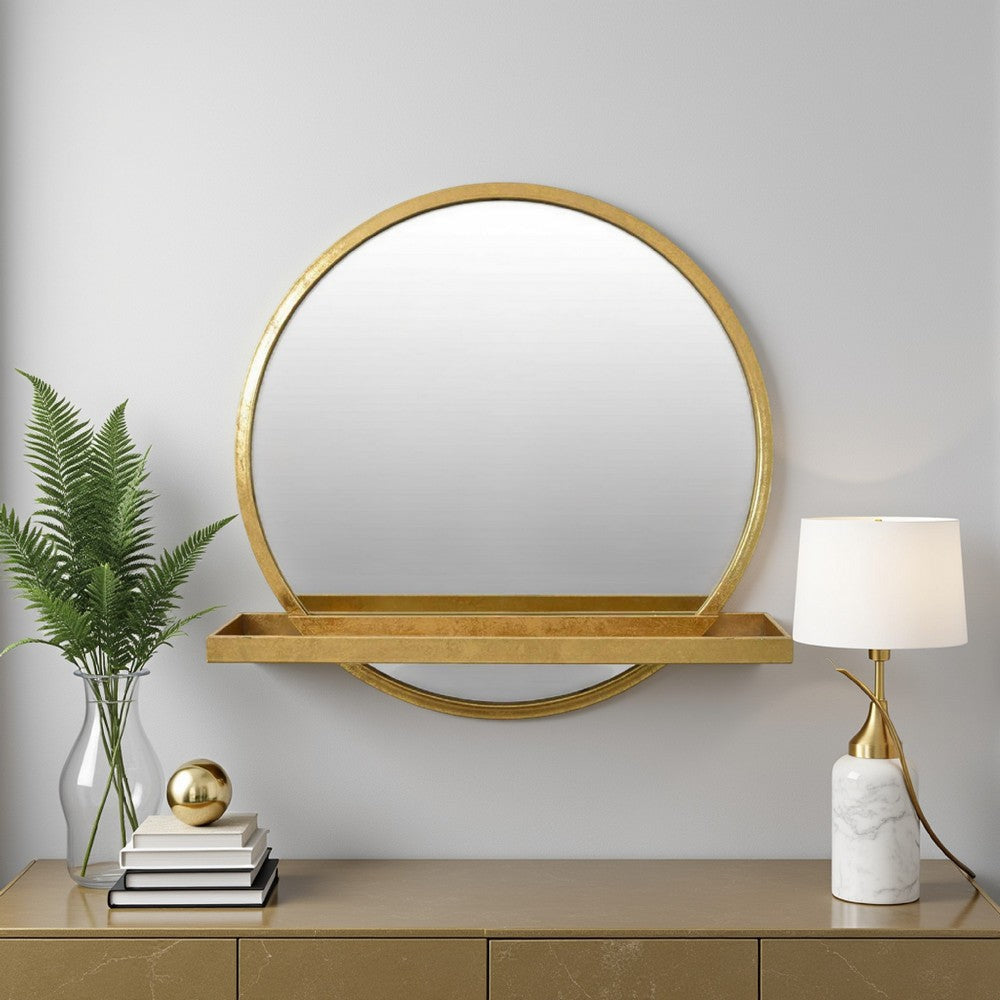 Buy 22 Inch Gold Metal Round Mirror w Rack | 30 Day Return | Casagear
