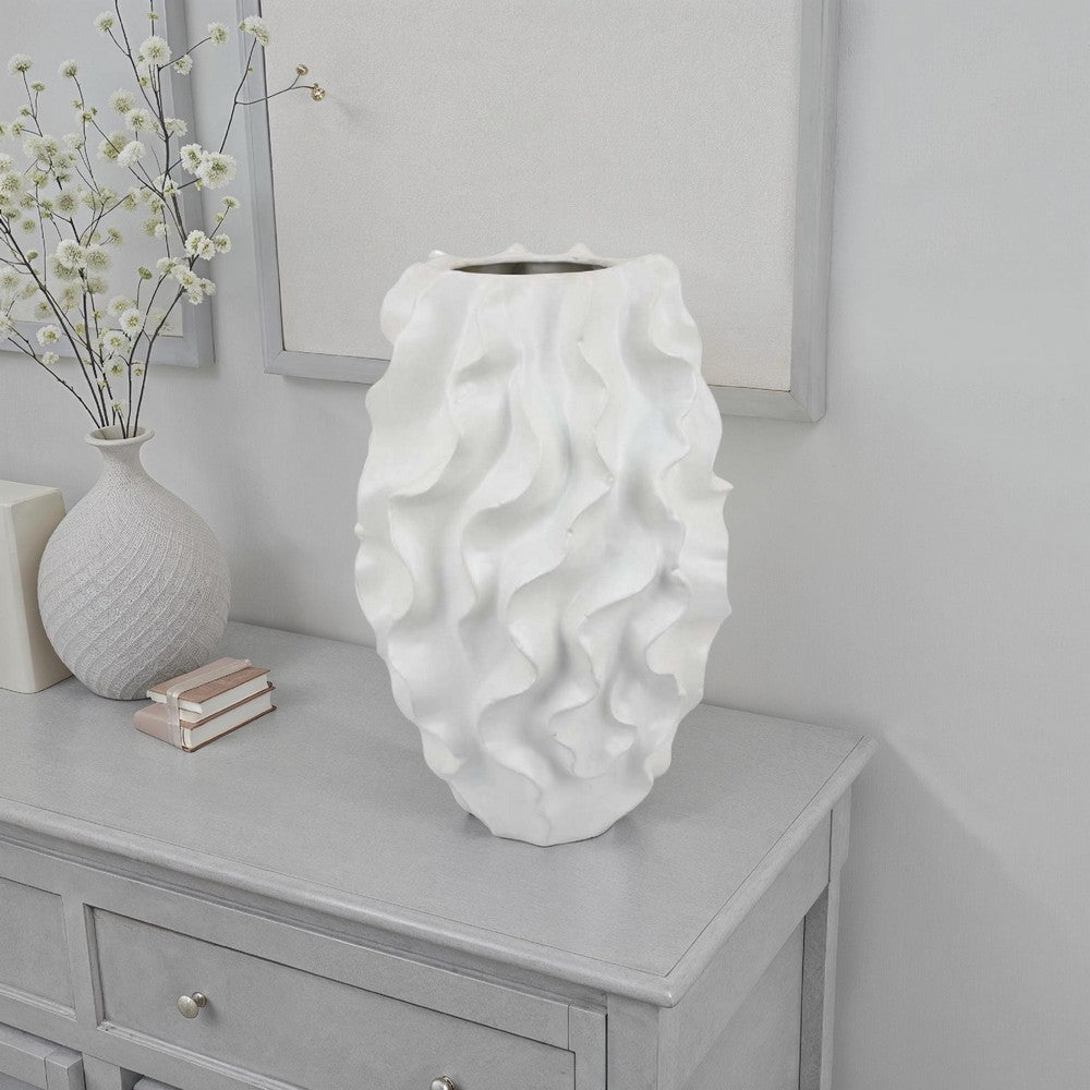 Buy Decorative Vase, White Ceramic, Textured 19 Inch Curved Wave Design ...