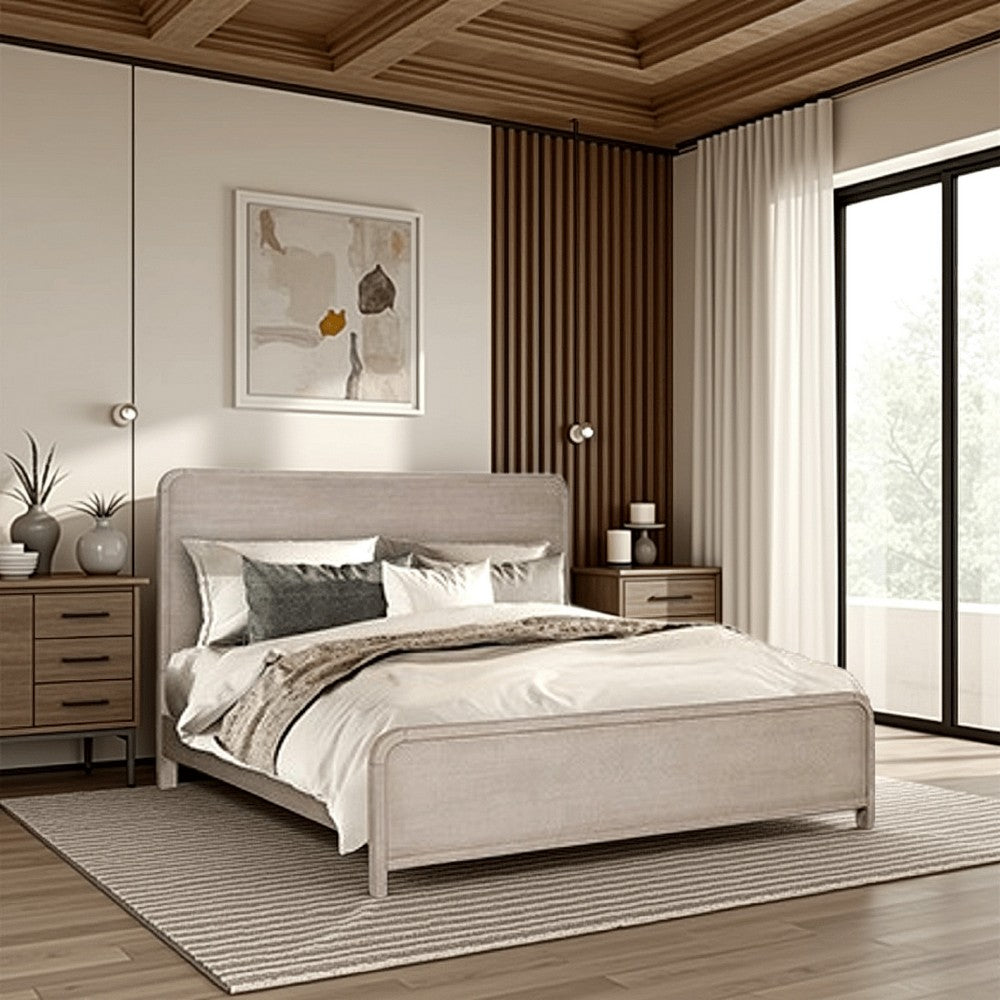Buy Queen Bed Rounded Edges Natural Oak Beige Wood | Free Shipping ...