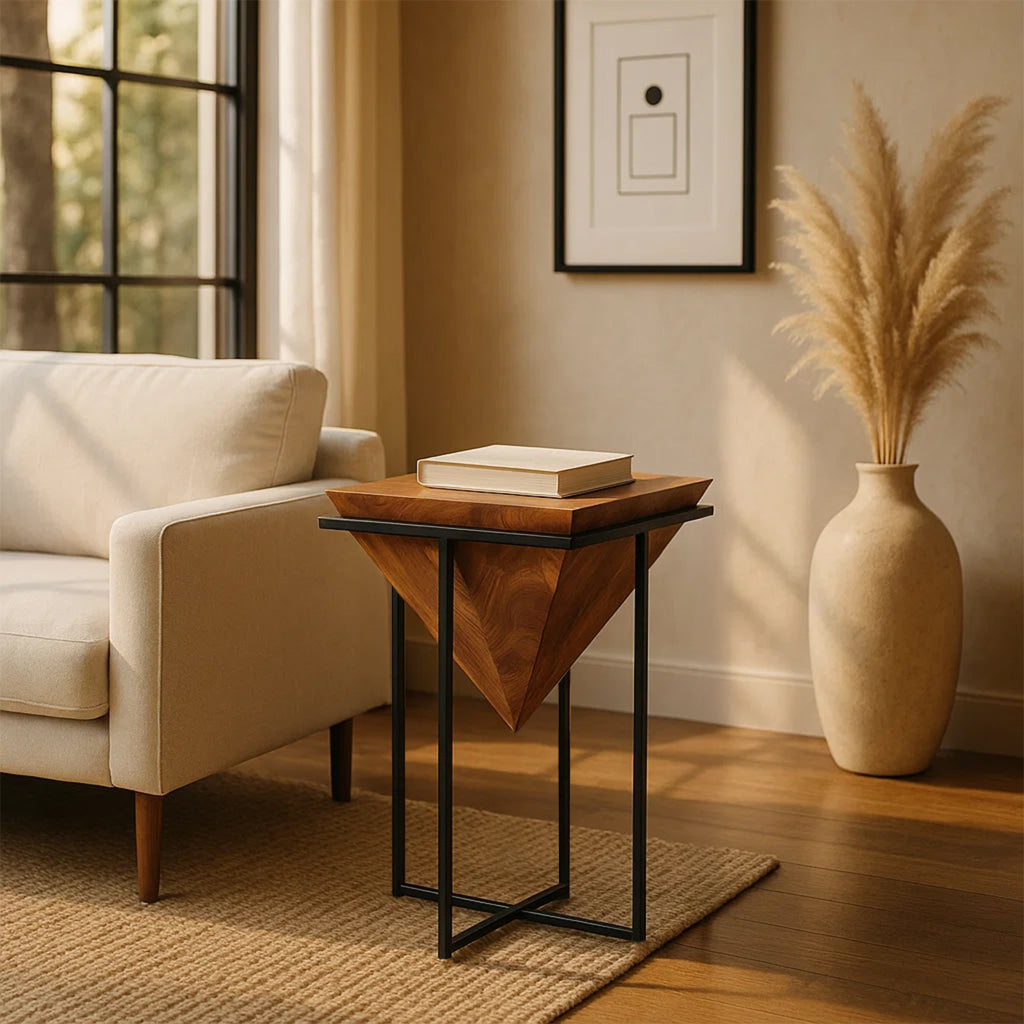 Buy Ida 26 Inch Pyramid Shape Acacia Wood Side Table With Cross Iron ...