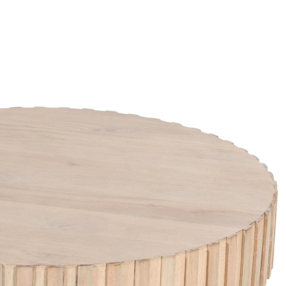 Buy 36" Round Coffee Table, Oak White Wood, Grooved Edges, Iron Legs ...