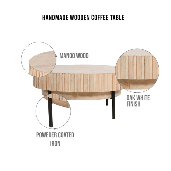 Buy 36" Round Coffee Table, Oak White Wood, Grooved Edges, Iron Legs ...