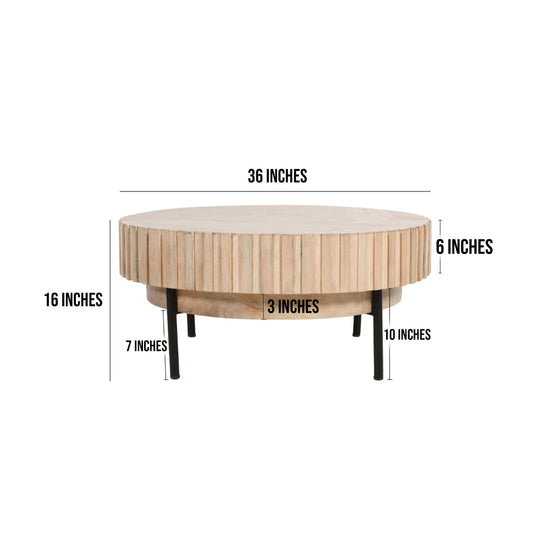 Buy 36" Round Coffee Table, Oak White Wood, Grooved Edges, Iron Legs