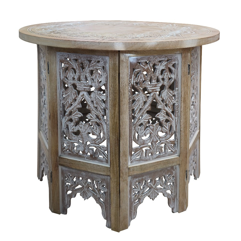 Buy Accent Side Table, 24 Inch Round Top, Mango Wood Floral Cut Out ...