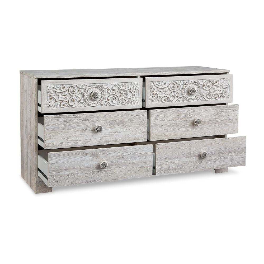 Buy 59" Dresser 6 Drawers Medallion Front Whitewashed MDF | Free ...