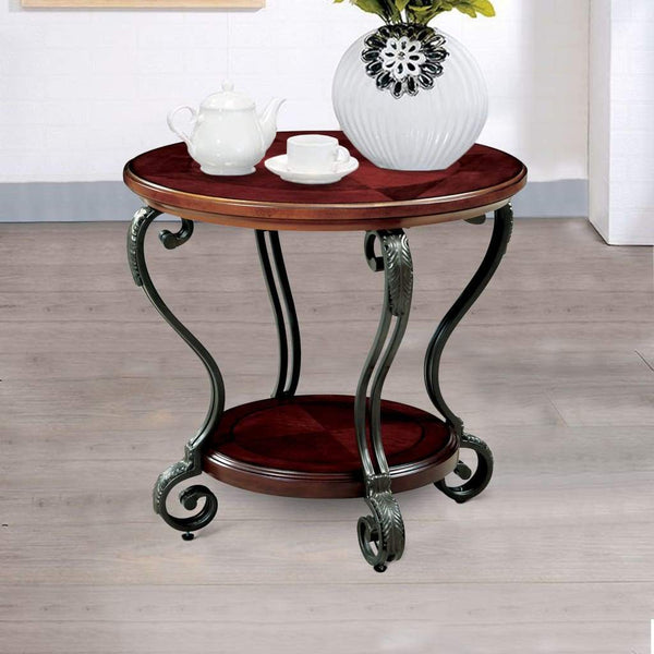 Buy End Table Brown Round Wood Metal Scroll Details – Casagear